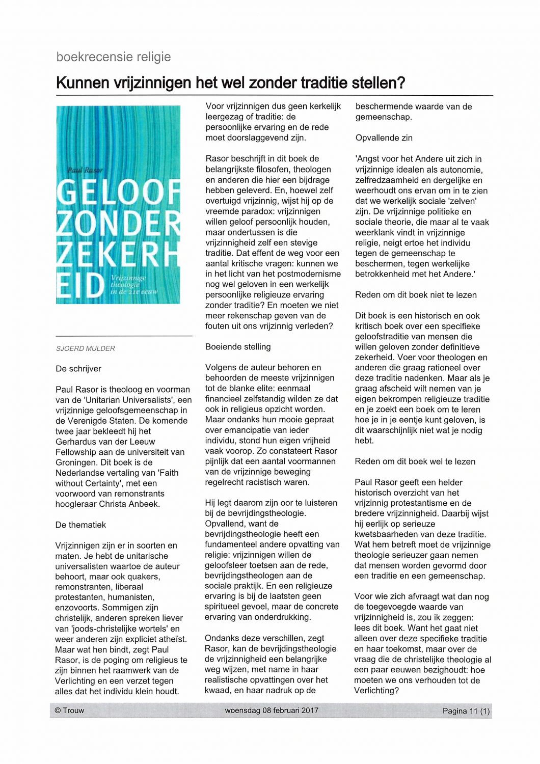 recensie Geloof zonder zekerheid Paul Rasor Trouw 8 februari 2017 ...